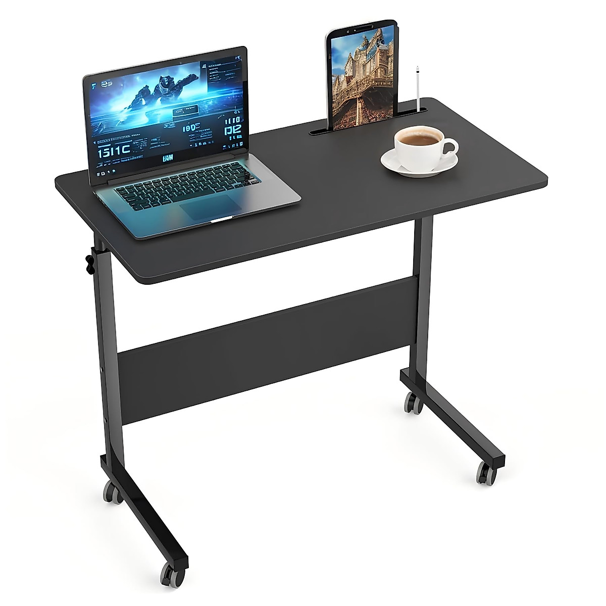 Rolling Laptop Stands Desk Cart Height Adjustable, soges 31.5 inches Mobile Sofa Side Table with Tablet Slot, Portable Standing Laptop Table, Small C Table for Couch Bed Sofa, Black, ZS-05-3-80B