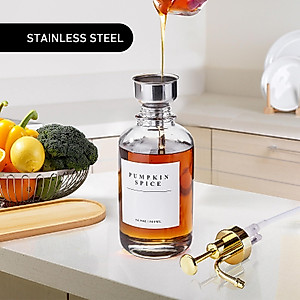 HSIOHE Coffee Syrup Dispenser for Coffee Bar,4 Pack Syrup Dispenser 16.9 oz 500 ml, Glass Syrup Bottle with Gold Upgraded Pump, Coffee Syrup Pump Dispenser, 28 Labels and Large Bamboo Tray