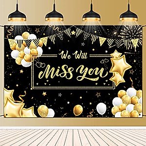 We Will Miss You Backdrop Banner Gatherfun Going Away Party Supplies Decorations Large Black and Gold Photography Background for Men Women Farewell Anniversary Retirement Graduation Party