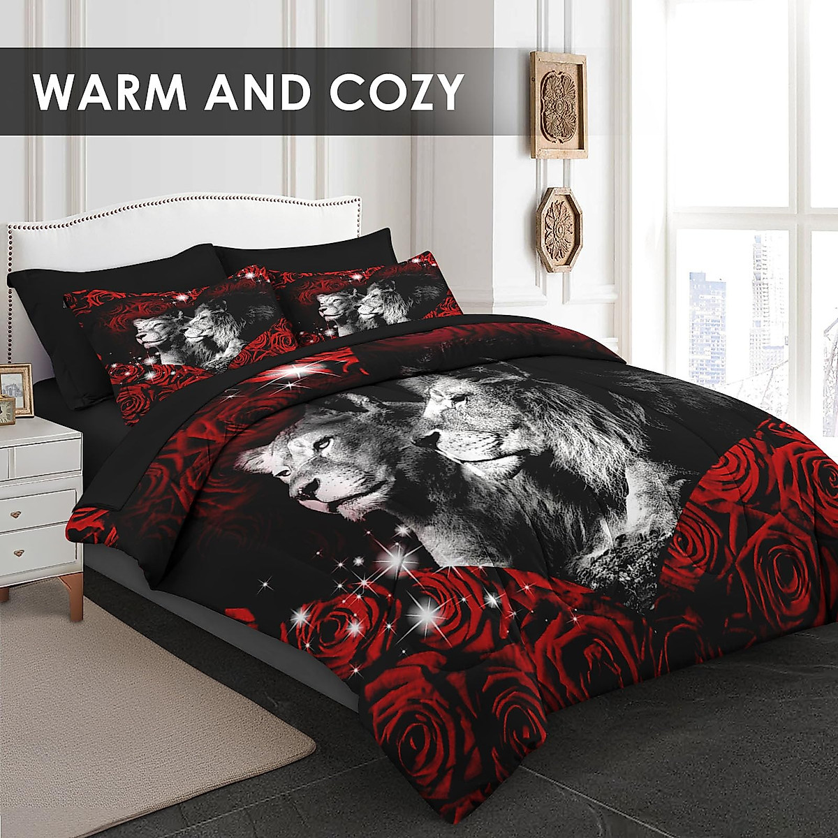 Pinbeam 7 Pcs Comforter Set King Size, Lion Animal African Bed in a Bag with Flat Sheet and Fitted Sheet for Kids and Adults, Red Rose Flowers Bedding Set with 2 Pillowcases & 2 Shams