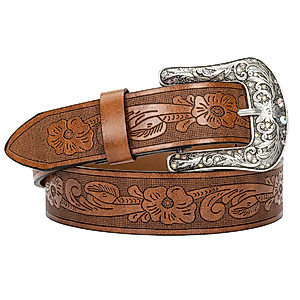 Western-Leather-Belts for Women Turquoise-Oval-Buckle Embossed Cowgirl Belt for Jeans Pants (Fit for 31-37" Waist)