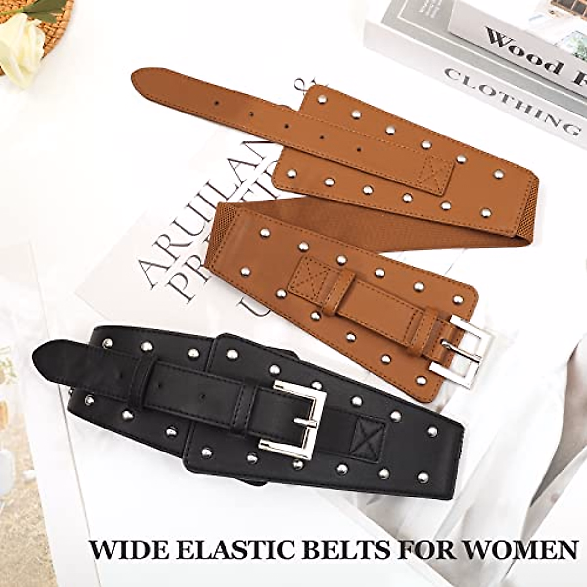 Kajeer Womens Wide Belts for Dresses Vintage Wide Elastic Belts for Women Rivet Cinch Belt with Buckle(M, Black)
