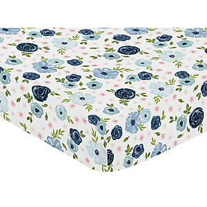 Sweet Jojo Designs Floral Girl Jersey Stretch Knit Baby Fitted Crib Sheet for Soft Toddler Bed Nursery - Navy Blue and Blush Pink Boho Shabby Chic Rose Watercolor Flower