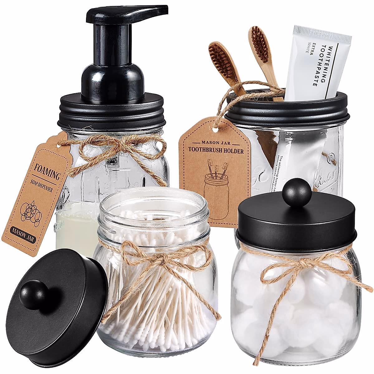 Amolliar Mason Jar Bathroom Accessories Set 4 Pack - Foaming Soap Dispenser&2 Qtip Holders&Toothbrush Holder-Rustic Farmhouse Decor Bathroom Organizer Apothecary Jar Country Countertop (Black)
