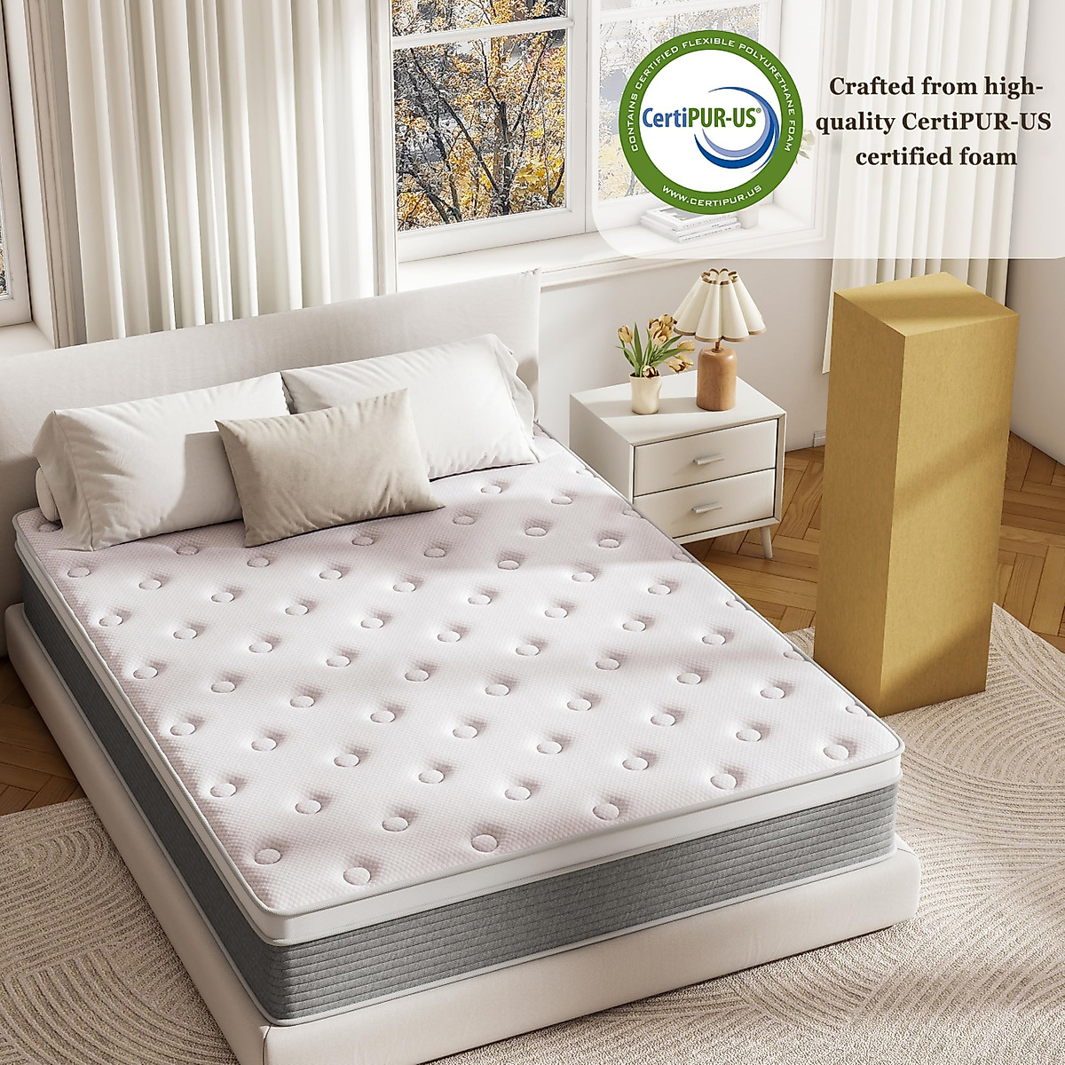 Queen Mattress, 12 Inch Queen Size Mattress Hybrid Design Memory Foam Queen Mattress in a Box for Cooling Sleep Pressure Relief Supportive Fiberglass Free