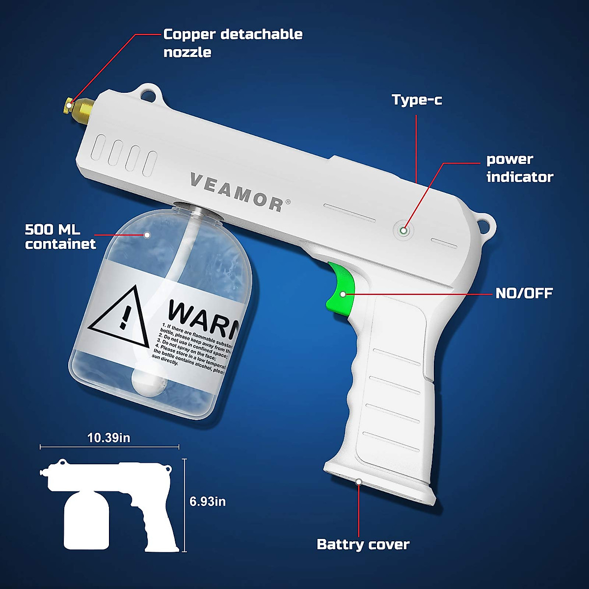 VEAMOR Nano Sanitizer Spray Machine, Handheld ULV Electric Spray Gun Fogger, Rechargeable Portable Mist Gun Disinfection Machine with Strong Light.