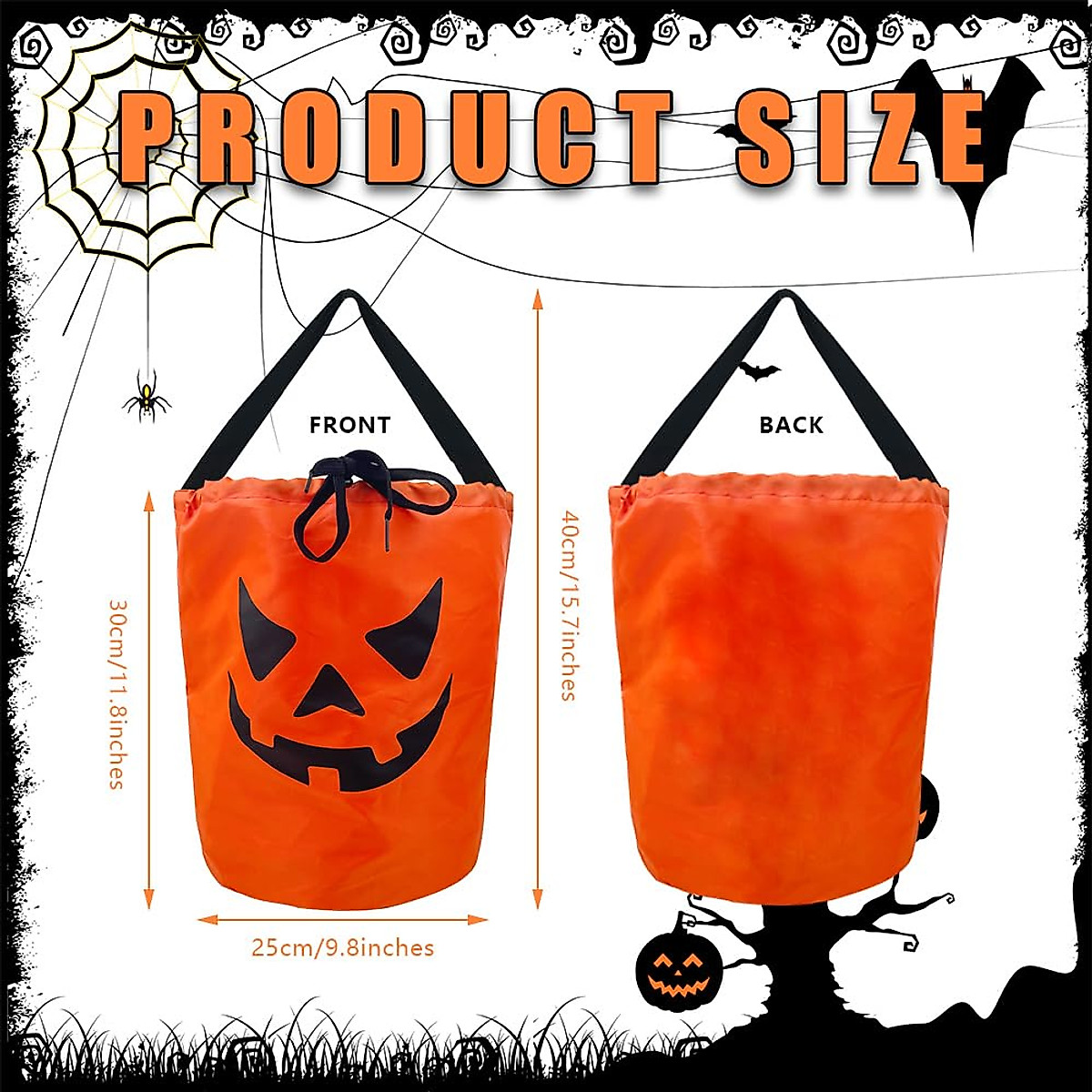 JXITON Halloween Drawstring Candy Bags Light up Multipurpose Halloween Trick or Treat Candy Bag with Pumpkin Smile Face Reusable Orange Goodie Bags for Kids(3 Pcs)