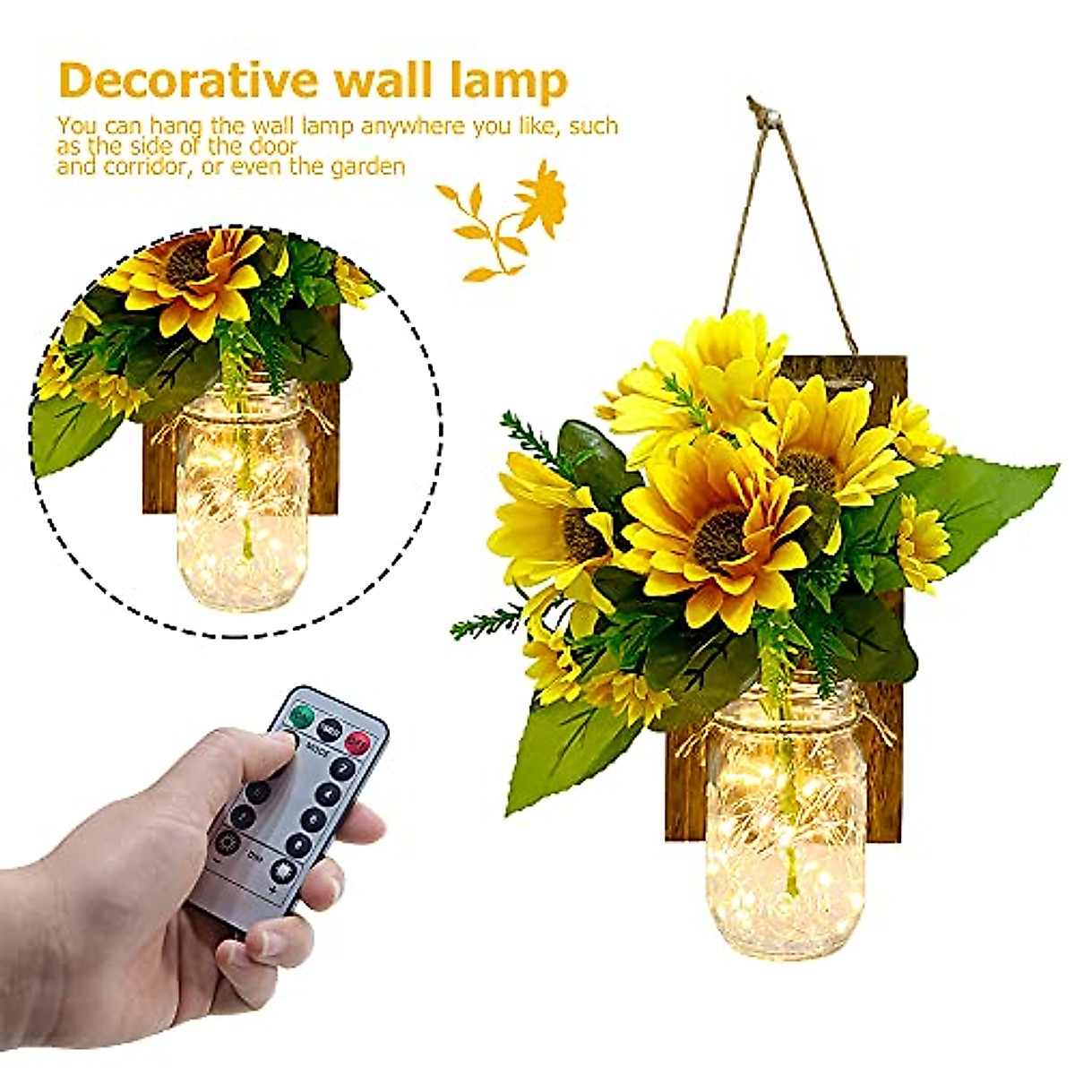 Mason Jar Sconces, Farmhouse Home Decor, Rustic Wall Sconces, LED Fairy Lights, Sunflower, Interior Decoration Warm Toned Lighting. (2 Pack)(with Remote Control)