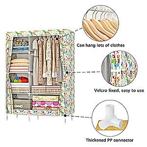QUMENEY Wardrobe Storage Closet, Portable Clothes Standing Shelves Organizer, Extra Strong and Durable Non-Woven Fabric Rack with Hanging Rods, Quick and Easy to Assemble (Flower)