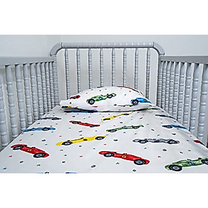 AREVENT 100% Organic Cotton Crib Sheet Set (2 Pieces)– Car Print Kids Bedding Set – GOTS Certified, Made in USA, 250 Thread Count (Crib/Toddler Sheet Set, Cars)