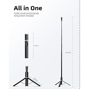 TODI 63" Phone Tripod, Tripod for iPhone & Portable Selfie Stick Tripod with Remote, Phone Tripod Stand for Video Recording, Travel Tripod for Cell Phone Tripod Compatible with iPhone 15/14/13/Android
