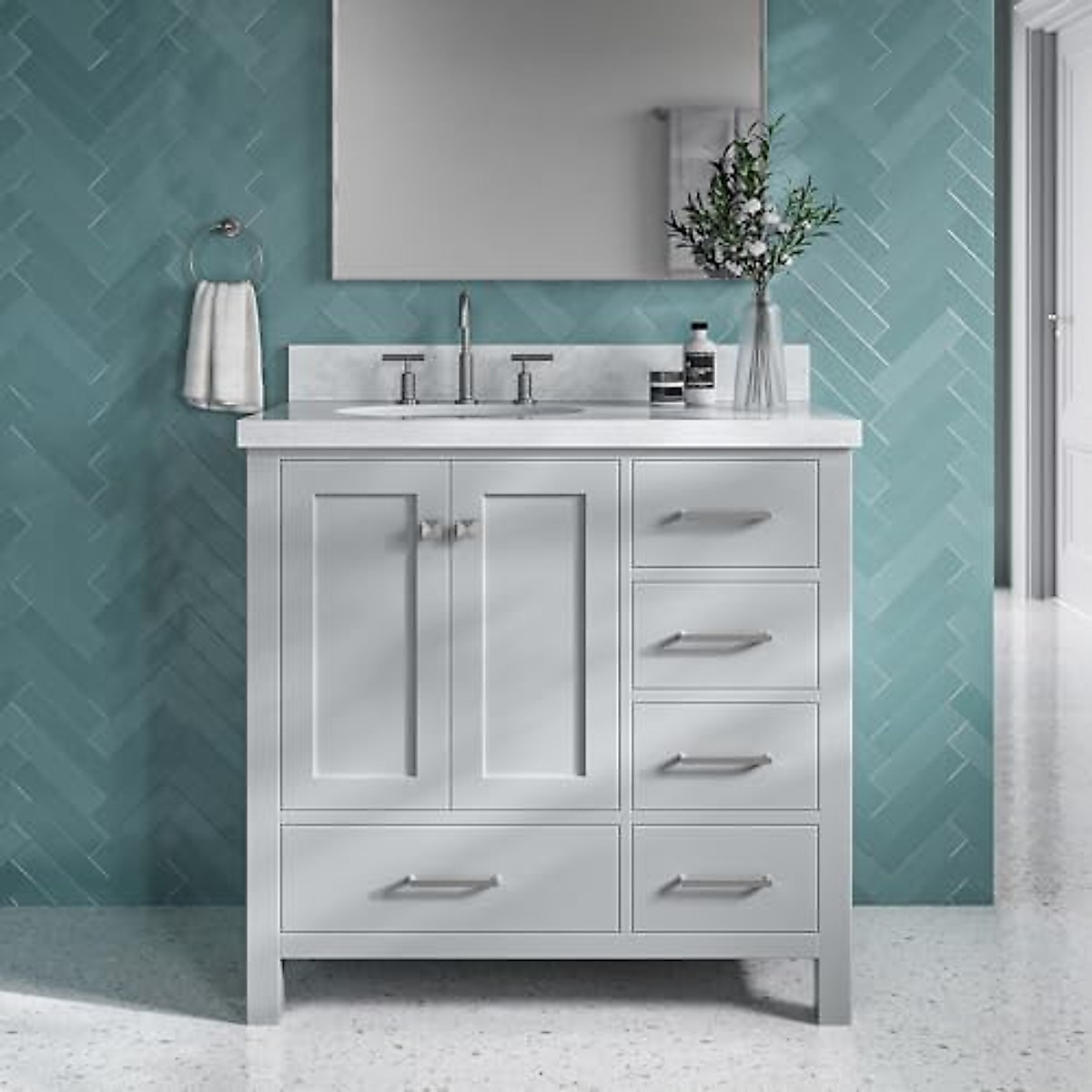 ARIEL 37" Grey Bathroom Vanity with 1.5" Edge Italian Carrara Marble Countertop & Backsplash, Left Oval Sink, 2 Soft Closing Doors, 5 Full Extension Dovetail Drawers, Brushed Nickel