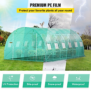 VEVOR Walk-in Tunnel Greenhouse, 20 x 10 x 7 ft Portable Plant Hot House w/Zippered Door, 12 Roll-up Windows, Galvanized Steel Hoops, 3 Top Beam, and 4 Diagonal Poles, Green