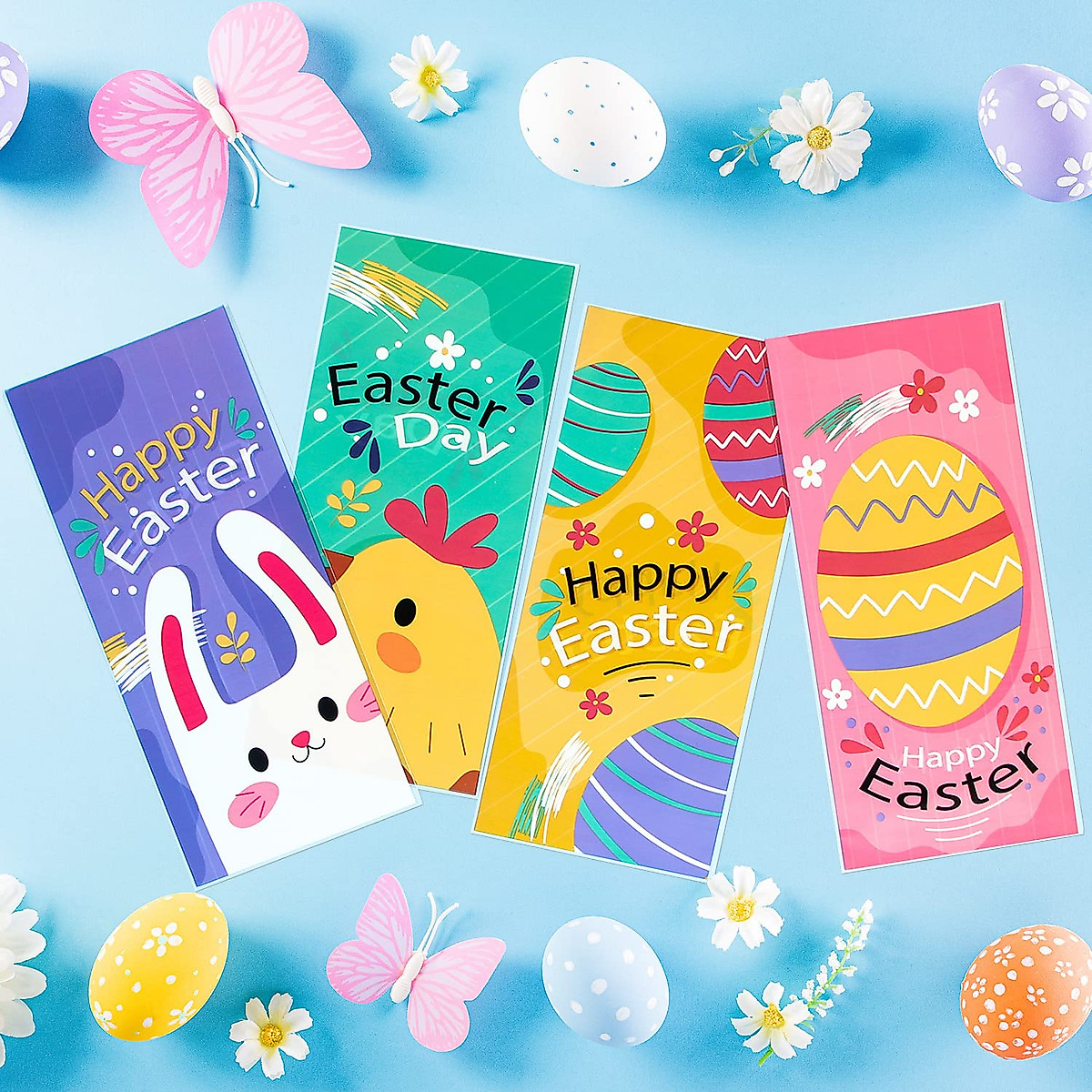 PINWATT 100Pcs Easter Cellophane Treat Bags with Ties, Easter Goodie Candy Gift bags for Kids Egg Hunt Game, Party favor Supplies, (4 Sweet Styles, 11"×5")