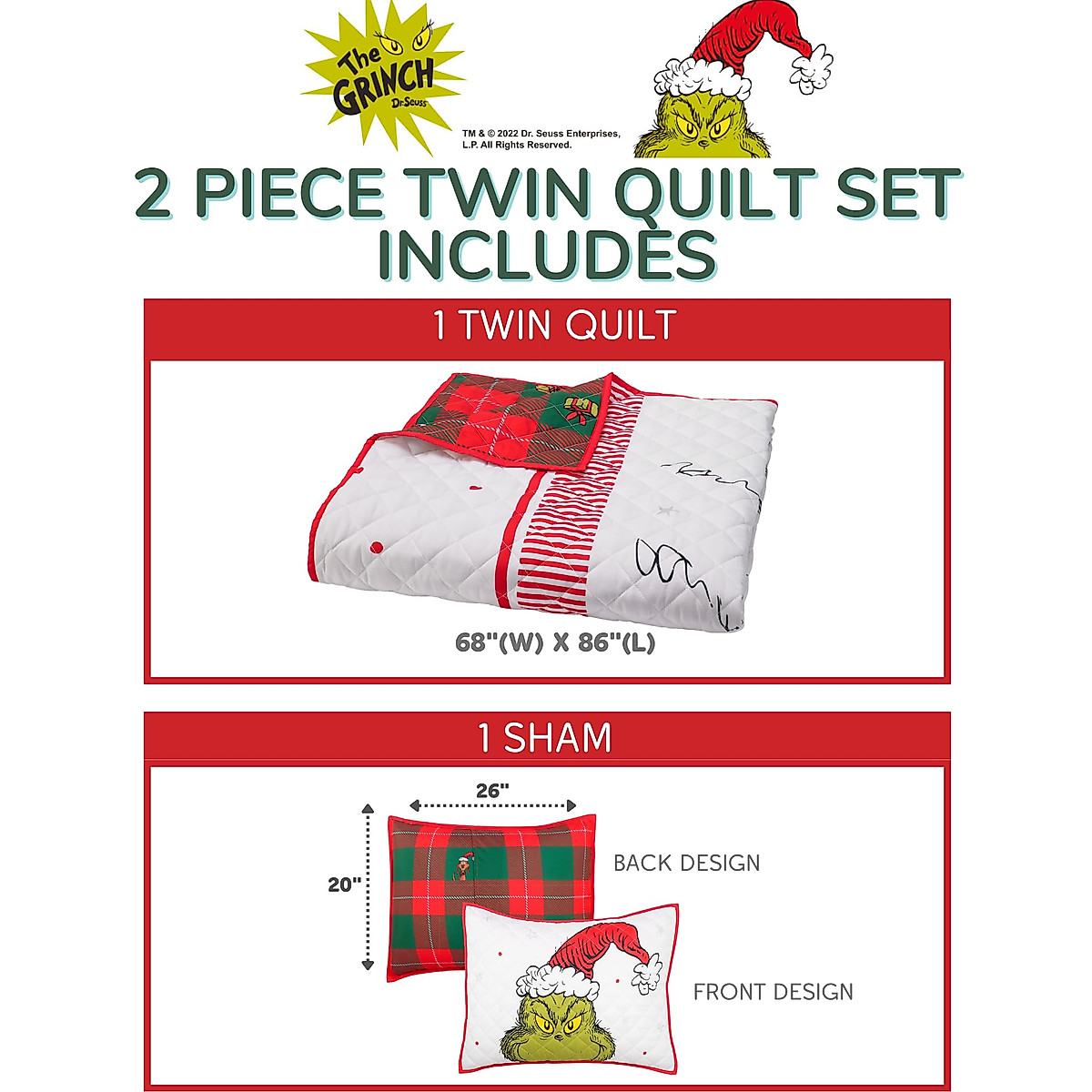 Franco Grinch by Dr. Seuss Holiday & Christmas Quilt Bedding Super Soft 2 Piece Pillow Sham and Quilt Set, Twin Size 68" x 86", (100% Officially Licensed Product)