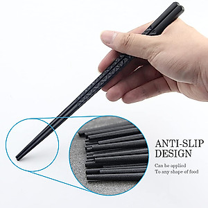 Chopsticks, YFWOOD 5 Pairs Fiberglass Chopsticks - Reusable Japanese Chinese Chopsticks Dishwasher Safe, Non-Slip,9.6 Inch- Black