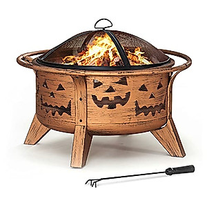 Sunjoy Fire Pit 30 in. Outdoor Wood-Burning Fire Pit, Patio Jack-o-Lantern Motif Round Steel Firepit Large Fire Pits for Outside with Spark Screen and Poker