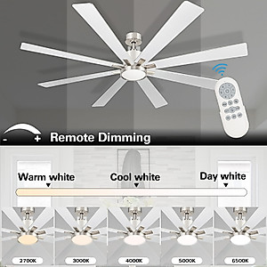 hykolity 72 Inch Indoor Ceiling Fans with Lights and Remote Control,Quiet Indoor Reversible DC Motor Ceiling Fan,8 Blades, Dimmable, 5CCT,6-Speed Ceiling Fan -Brushed Nickel