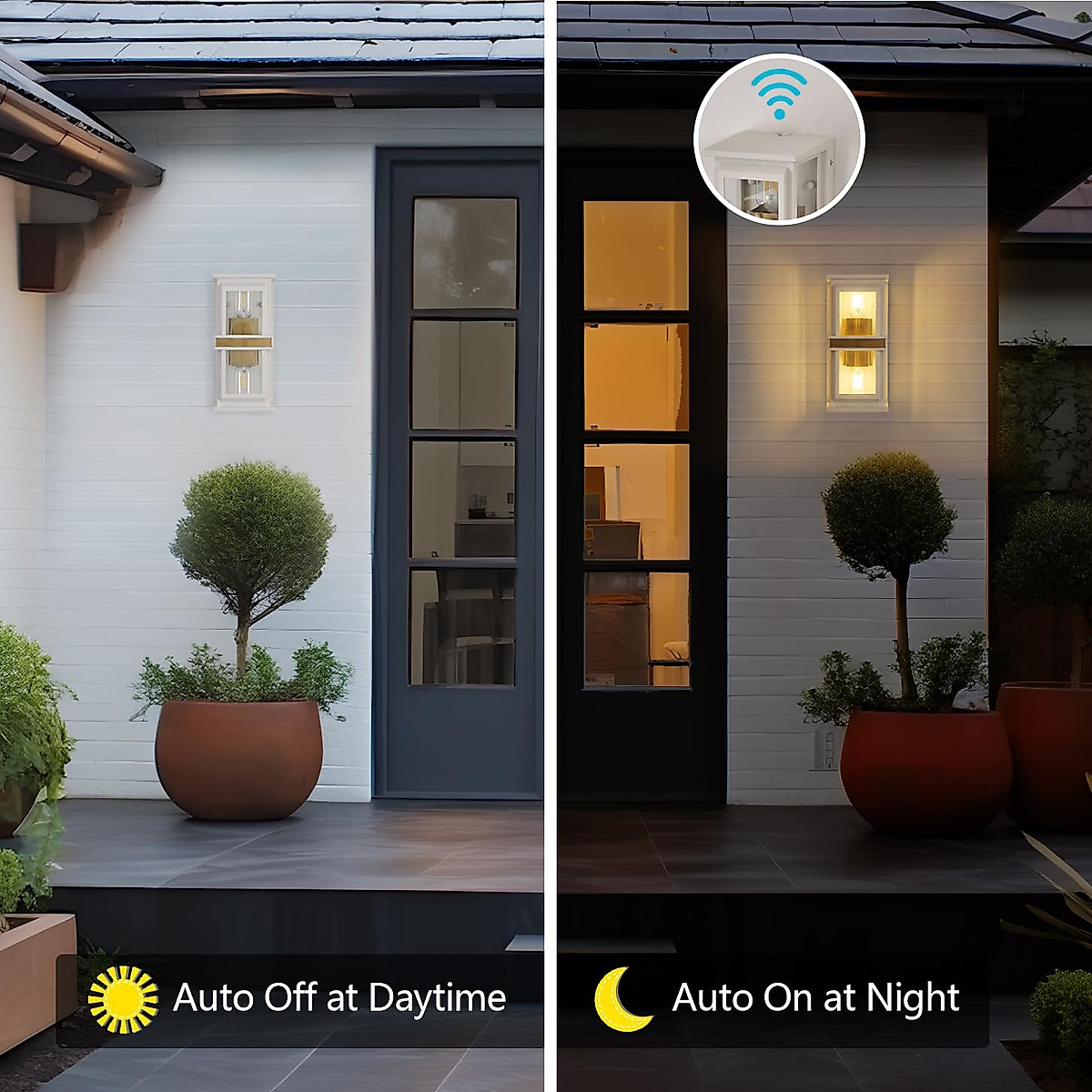 MSTETO Dusk to Dawn Sensor Outdoor Wall Light Fixtures Set of Two, Modern White & Gold Aluminium Alloy Porch Lights, Exterior Waterproof Wall Sconces with Glass Shades for Garage, Patio, Front Door