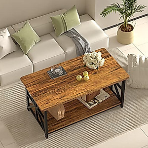 GreenForest Coffee Table with Round Corner, Farmhouse Center Table with 2-Tier Storage Shelf X-Frame Design for Living Room, 39 inch Walnut