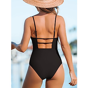 CUPSHE Women's One Piece Swimsuit Square Neck Cutout Back Tummy Control Adjustable Straps Striped Swimwear, XS Black