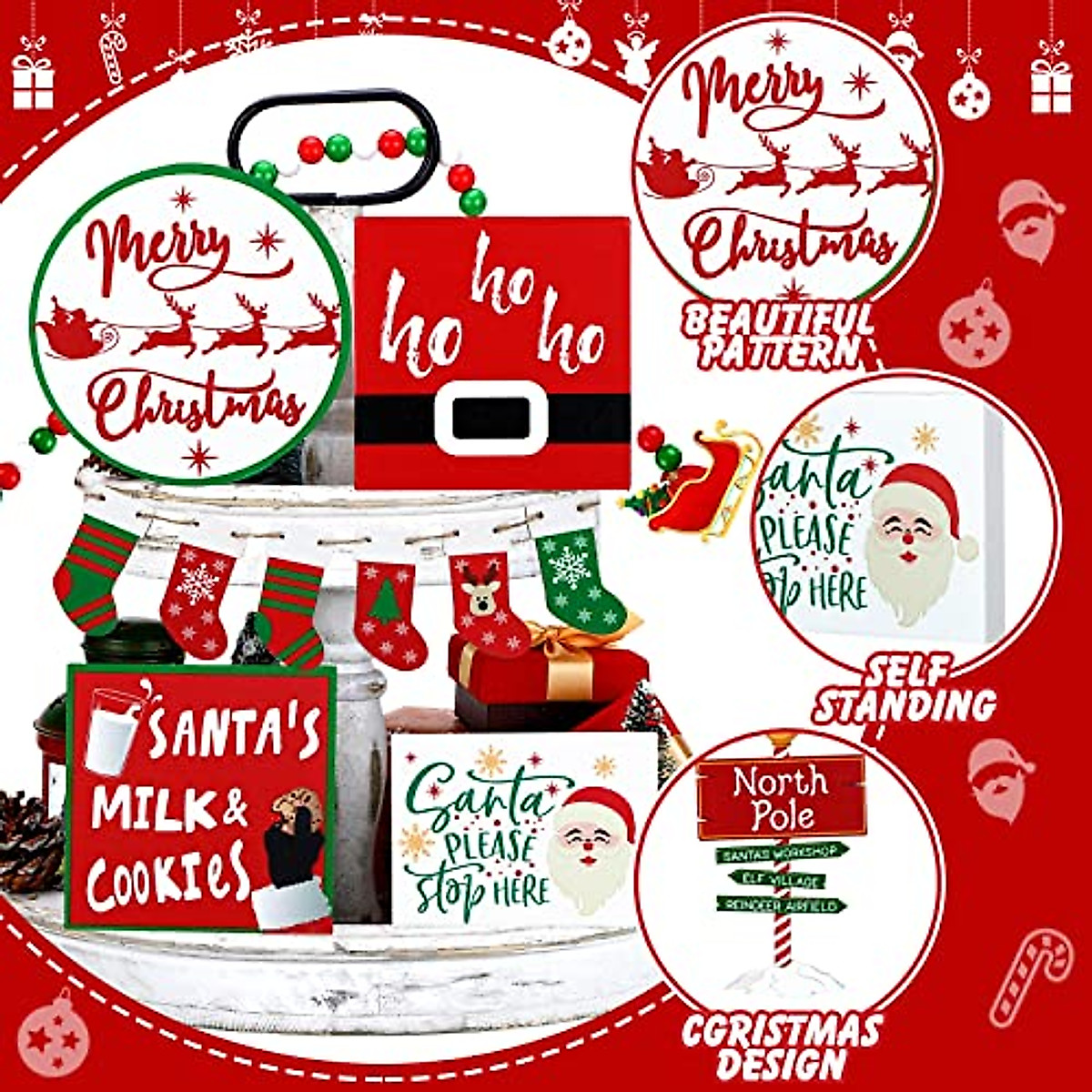 12 Pieces Christmas Tiered Tray Decor Christmas Santa Claus Table Decor Rustic Table Centerpiece Christmas Wooden Signs Farmhouse Tiered Tray Country Decor for Home Room Table Fireplace (Santa Claus)