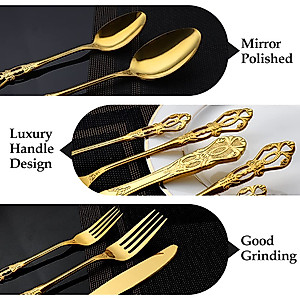 Retro Royal 20 Pieces Stainless Steel Silverware Set,Anti-rust Flatware Cutlery Set for 4,Luxury Kitchen Utensil Tableware Set Include Fork Spoon Knife,Mirror Polished Dishwasher Safe,Gold
