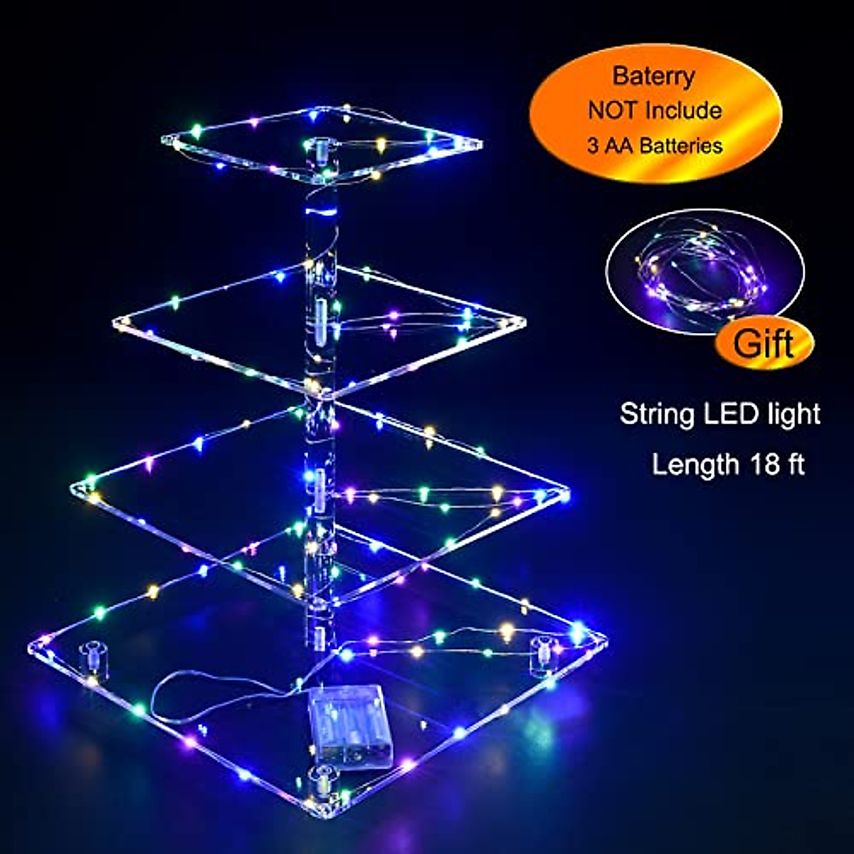 OLACHIKKO Cupcake Stand, 4-Tier Square Cupcake Holder with LED Light String, Acrylic Cupcake Tower Display-Dessert Tower-Pastry Stand-Cupcake Tier Stand for Wedding, Birthday Party (Colorful Light)