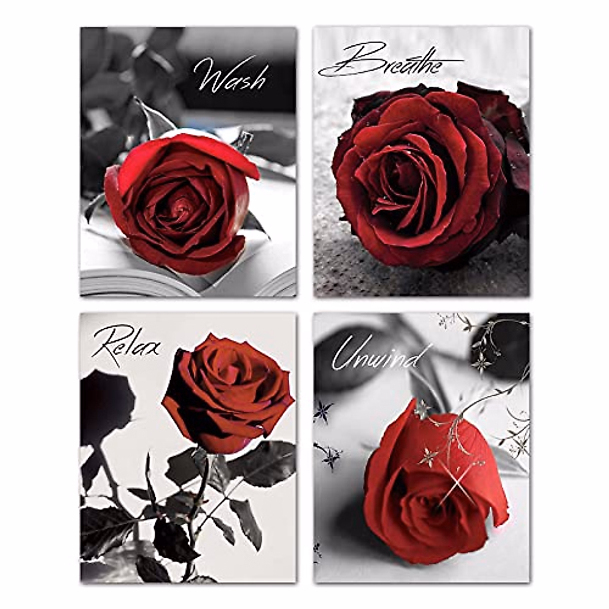 NOROUOV Modern Red Rose Flowers on Gray Books Wall Art Paintings Set of 4 (8X10” Canvas Picture) Relax Breathe Wash Unwind for Bathroom Bedroom Living Room Home Decor No Frame