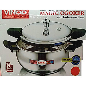 Vinod 18/8 Stainless Steel Outer Lid Magic Pressure Cooker - 3.5 L with Pressure Cooker Lid, Straining Lid and Glass lid (Induction and Gas Stove Friendly), Silver
