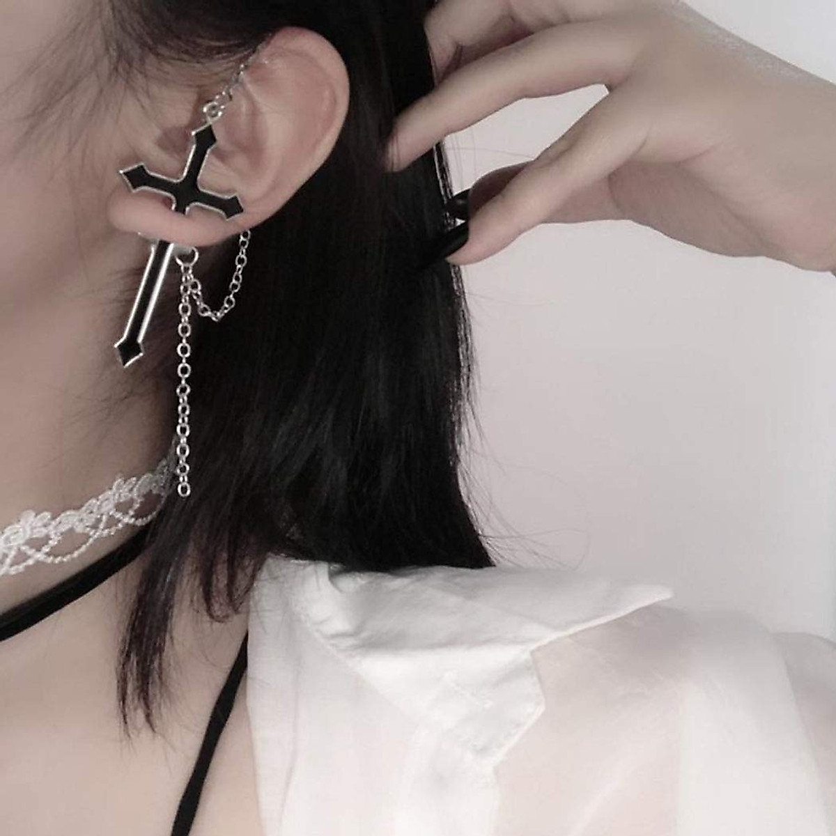 Zehope Black Cross Chain Earring Silver Punk Dangle Stud Earrings Long Sword Earring Jewelry for Women (1 Pcs)