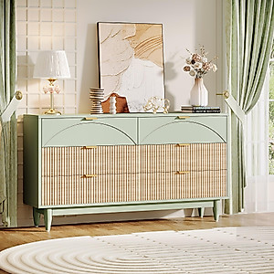 Tribesigns 6-Drawer Dresser for Bedroom: 55 Inches Modern Chest of Drawers with Gold Metal Handles, Green Long Double Dresser Organizer Wood Cabinet for Bedroom, Closet, Living Room