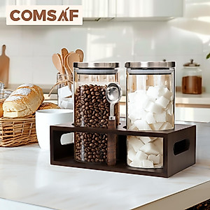 ComSaf Coffee Container for Ground Coffee, 44 OZ Coffee Canister with Stainless Lids, 2 PCS Glass Coffee Storage Container with Shelf, Coffee Bean Storage Jars with Metal Scoop Coffee Bar Accessories