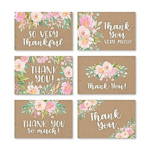 24 Rustic Kraft Floral Thank You Cards With Envelopes, Great Note For Adult Funeral Sympathy or Gift Gratitude Supplies For Grad, Birthday, Baby or Vintage Flower Bridal Wedding Shower For Boy or Girl