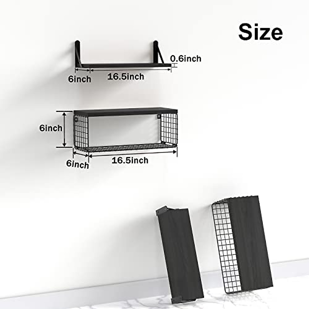 Aiyome, Wall Floating Shelves, Wall Mounted Shelf Set of 4, with Metal Baskets, Rustic Décor Style, Shelf for Bathroom, Kitchen, Bedroom, Storage, Living Room - Black.