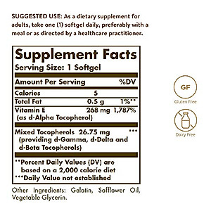 Solgar Vitamin E 268 MG (400 IU) Mixed (d-Alpha Tocopherol & Mixed Tocopherols - Supports Immune System & Skin Nutrition - Natural Antioxidant - Gluten & Dairy Free - 100 Count (Pack of 1)