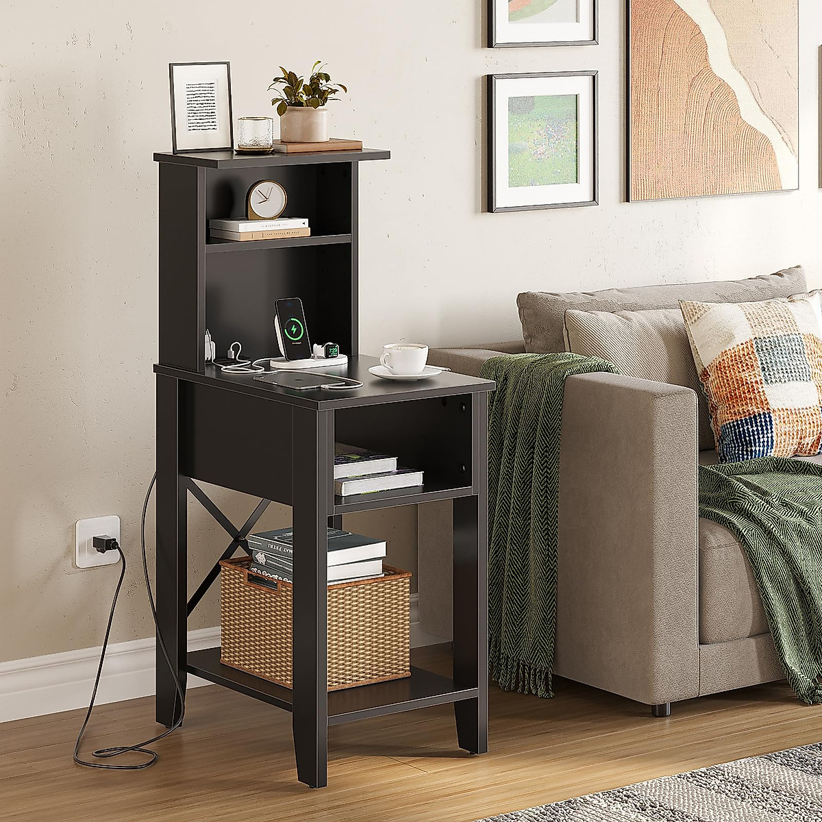 Bestier Tall Bedroom End Tables Set of 2 Two Nightstands Set of 2 Two Nightstands Bedside Tables with USB Tall Nightstand with Charging Station Tall Narrow Nightstand with Cabinet Side Table Black