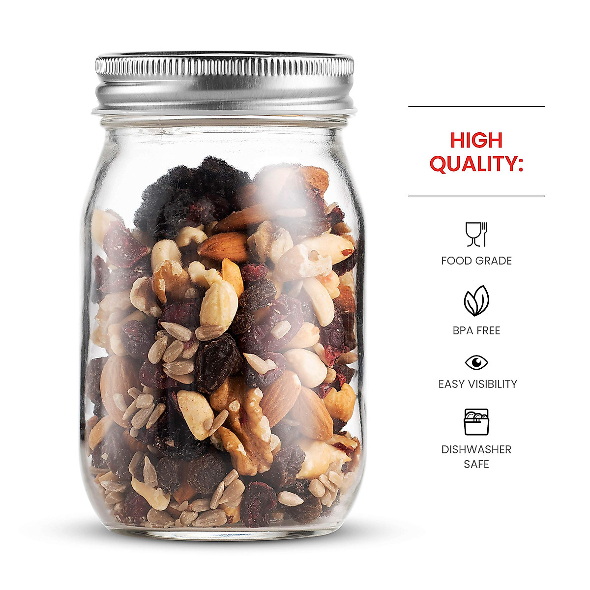 Glass Regular Mouth Mason Jars, 16 Ounce (4 Pack) Glass Jars with Silver Metal Airtight 1 Piece Lids for Meal Prep, Food Storage, Canning, Drinking, Overnight Oats, Jelly, Dry Food, Salads, Yogurt