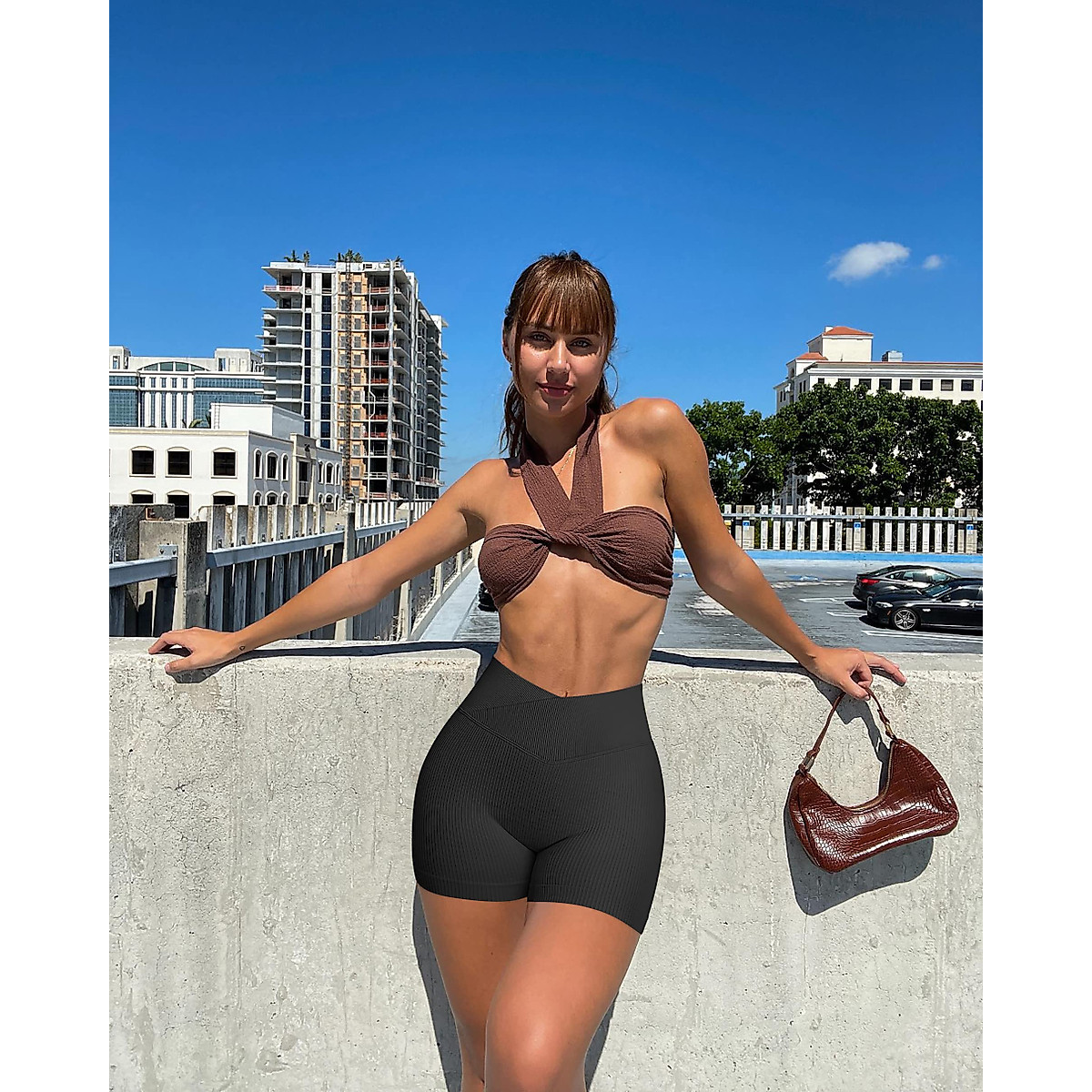 OQQ Women's 3 Piece Yoga Shorts Ribbed Seamless Workout High Waist Cross Over Athletic Leggings Black Grey Blue