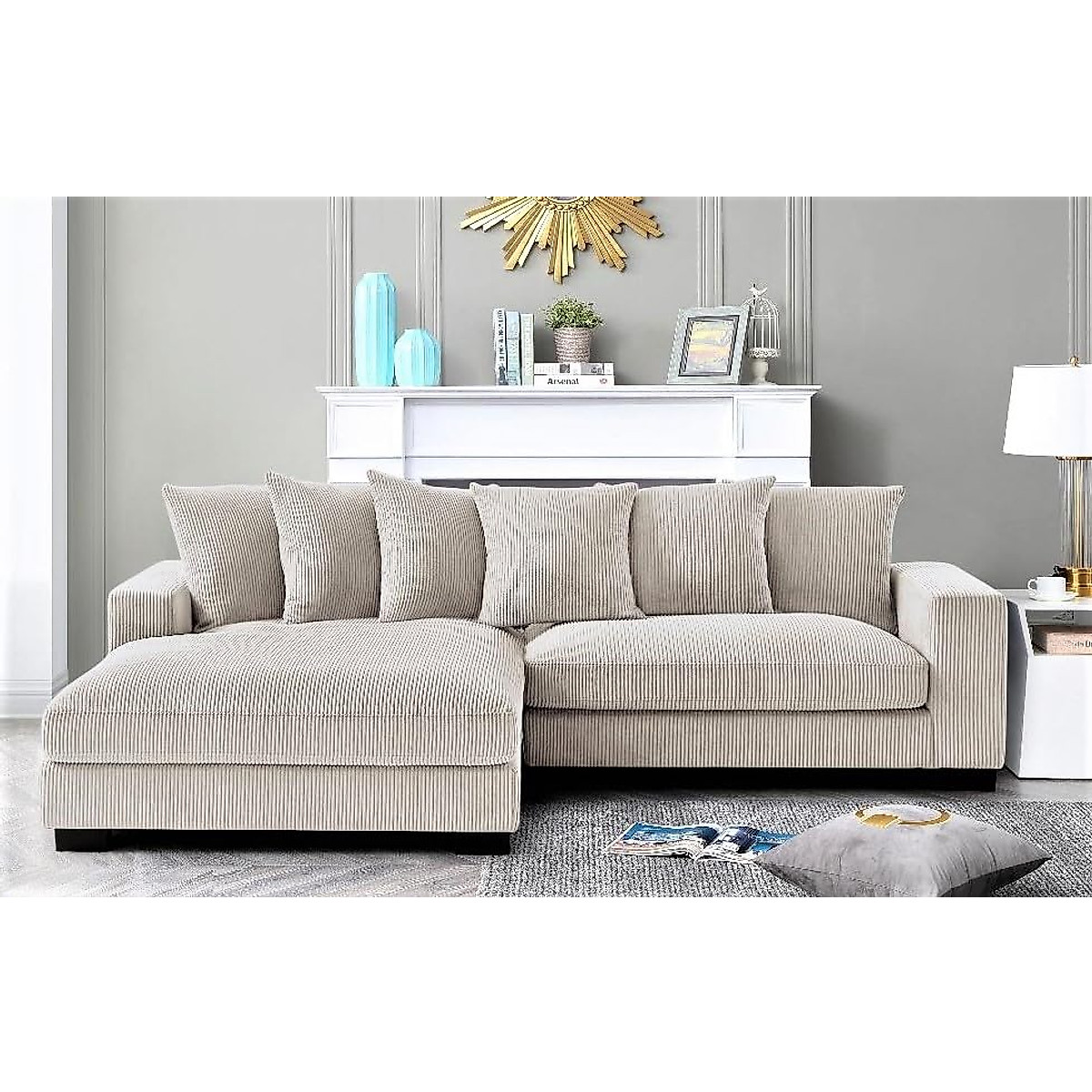 Container Furniture Direct Luxe Oversized Two-Piece Sectional Couches for Living Room, 102.4-Inch L Shaped Sofa with Chaise, Upholstered with Corduroy Fabric, Ivory - Left Facing