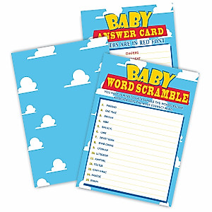 Baby Shower Word Scramble Game Cards, 5 X 7 Inches Sky & Clouds Theme Fill-in Style Word Scramble Game, 30 Double-Sided Game Cards & 1 Answer Card, Gender Neutral, Party Favor & Supplies-D07