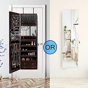 CHARMAID LED Strip Jewelry Armoire with 47.2" H Full Length Mirror, Wall/Door Mounted Jewelry Organizer with Built-in Mirror, Flip-over Cosmetic Tray, 4 Drawers, Large Storage Jewelry Cabinet (Coffee)