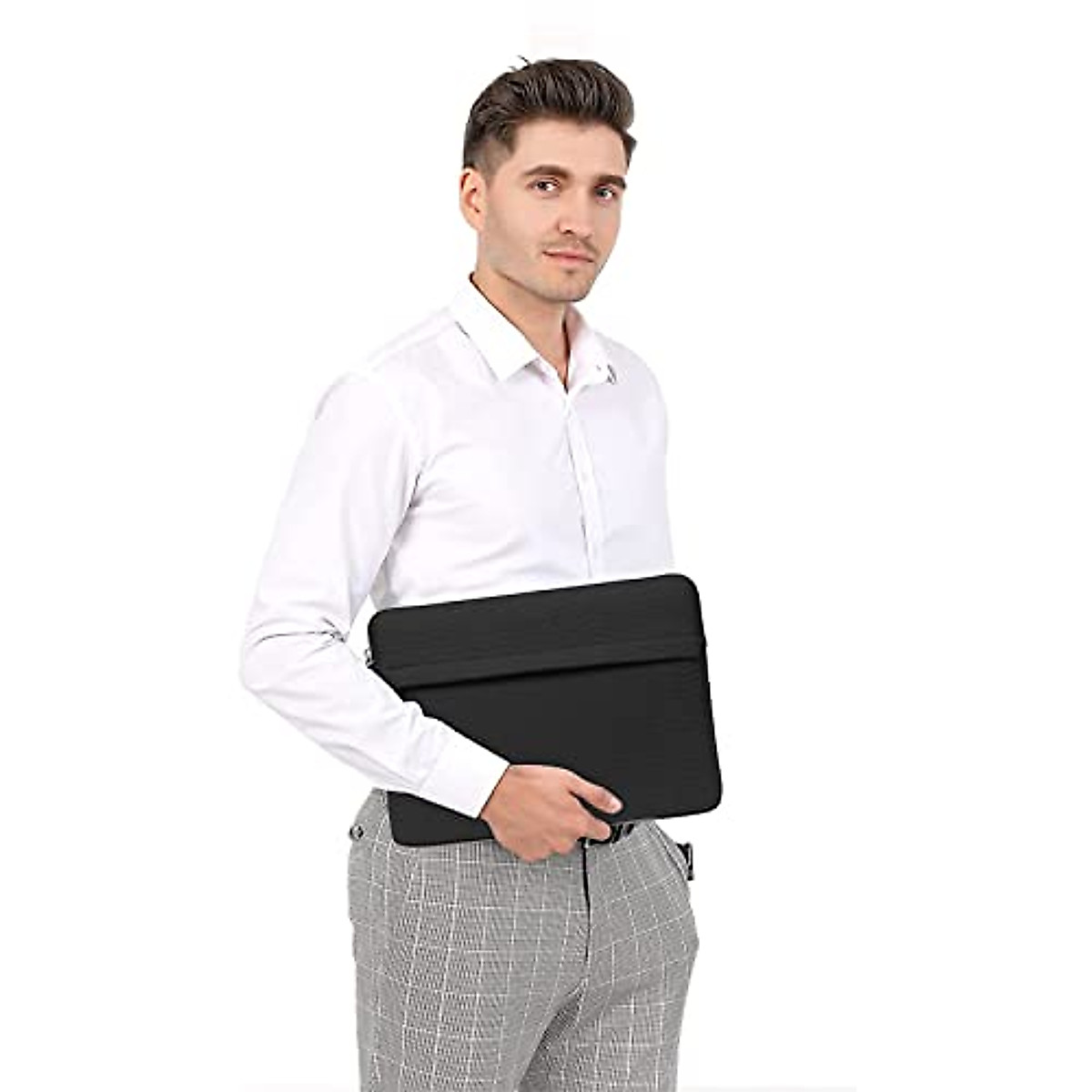 MOSISO Laptop Sleeve Case Compatible with MacBook Air/Pro, 13-13.3 inch Notebook, Compatible with MacBook Pro 14 inch 2023-2021 A2779 M2 A2442 M1, PU Leather Wave Grain Bag with Handy Strap, Black