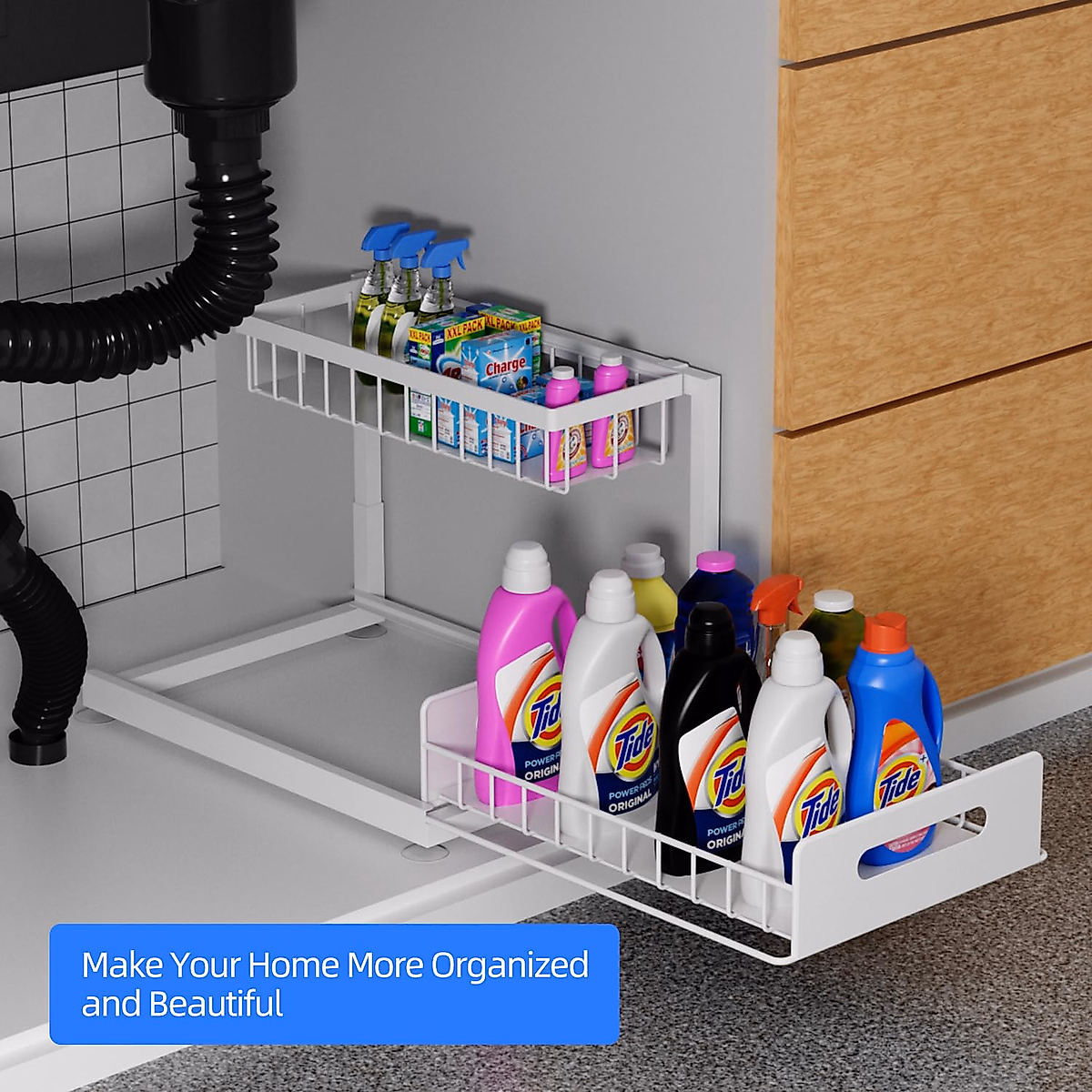 Lxmons 2-Tier Under Sink Slide Out Organizer, Pull Out Cabinet Storage Shelf with Sliding Storage Wire Basket Drawer for Bathroom Kitchen, Countertop or Pantry Storage shelf, White