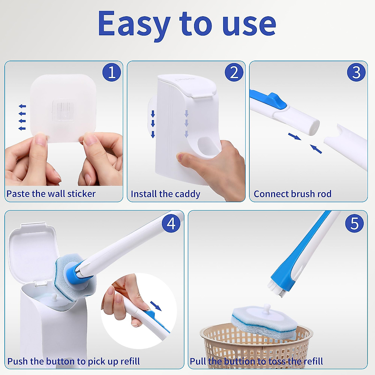 DALIPER Disposable Toilet Brush with 40PCS Refills, Wall Mounted Compact Bathroom Bowl Wand Cleaning System Long Handle with Storage Caddy