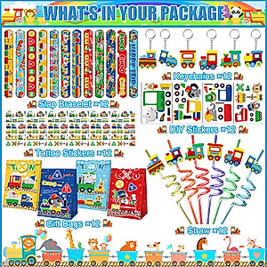 Erweicet Train Party Favors 72PCS Slap Bracelets DIY Stickers Temporary Tattoos Keychains Plastic Straws Gift Bags for Kids Car Theme Birthday Party Baby Shower