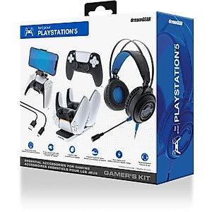dreamGEAR Gamers Kit for PlayStation 5: Gaming Headset with 50mm Drivers, PS5 Controller charger, Adjustable Phone Mount, USB-C Cable, Protective Cover and Caps