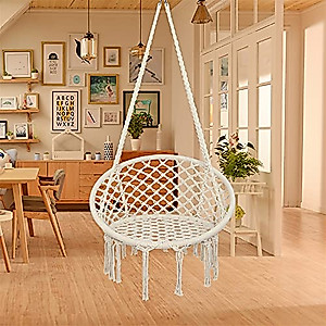 Hammock Chair Hanging Rope Swing, Hammock Net Air/Sky Chair Deluxe Cotton Rope Sling w/ Tassel for Bedroom, Beach, Yard, Patio, Porch, Garden, Indoor/ Outdoor Space (Beige)