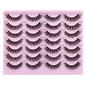 JIMIRE False Eyelashes with Clear Band Wispy Cat Eye Natural Russian Strip D Curl Lashes Faux Mink Cat Eye 15MM Wispy Fluffy Thin Lashes 14 Pairs Pack