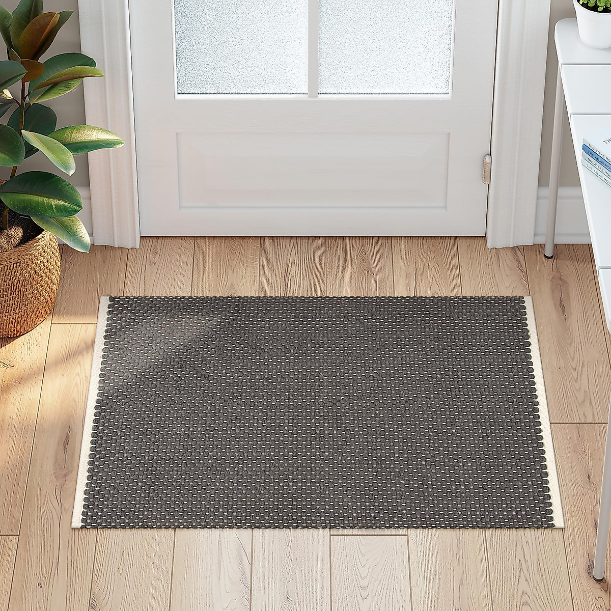 Sungea Small Rugs 2x3,Washable Rug for Entryway Indoor Thick Absorbent Bathroom Rugs,Cotton Hand Woven Kitchen Rug Farmhouse Throw Rugs for Front Door/Entry/Outdoor(Dark Grey)